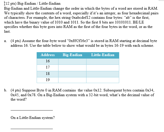 Solved 12 pts) Big-Endian/Little-Endian Big-Endian and | Chegg.com