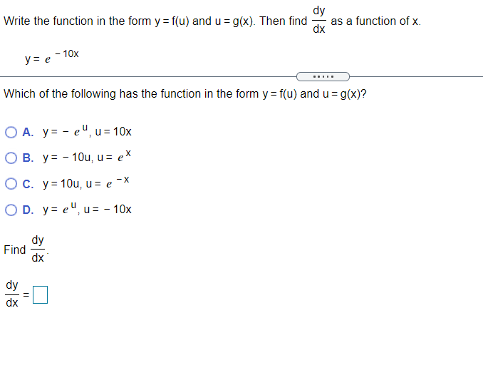 Solved Write the function in the form y=f(u) and u = g(x). | Chegg.com