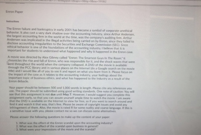Solved rpid 08ou-191062 Enron Paper The Enron failure and | Chegg.com