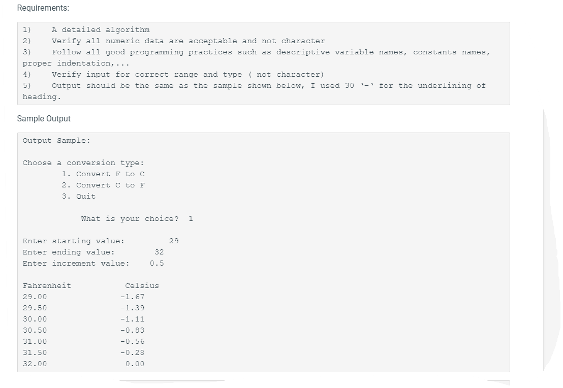 Solved Fahrenheit to Celsius Tables Write a program that | Chegg.com