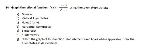 Solved 9) Graph the rational function f(x)=x2−9x−3 using the | Chegg.com