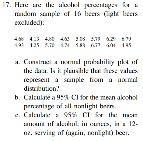 Solved Here are the alcohol percentages for a random sample | Chegg.com