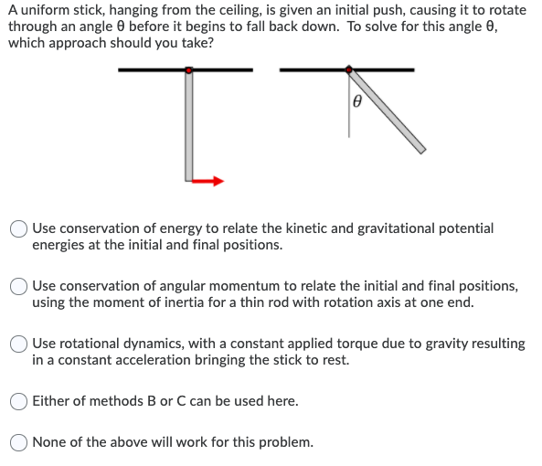 Solved A uniform stick, hanging from the ceiling, is given | Chegg.com