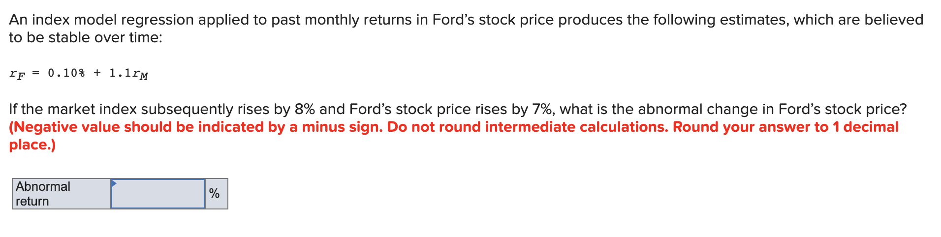 Solved An index model regression applied to past monthly | Chegg.com