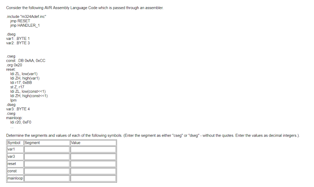 Solved Consider the following AVR Assembly Language Code | Chegg.com