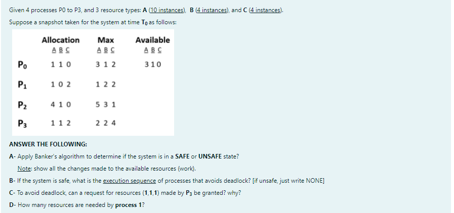 Solved Given 4 processes PO to P3 and 3 resource types: A | Chegg.com