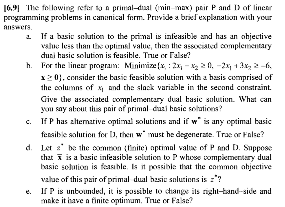 6.9] The following refer to a primal-dual (min-max) | Chegg.com