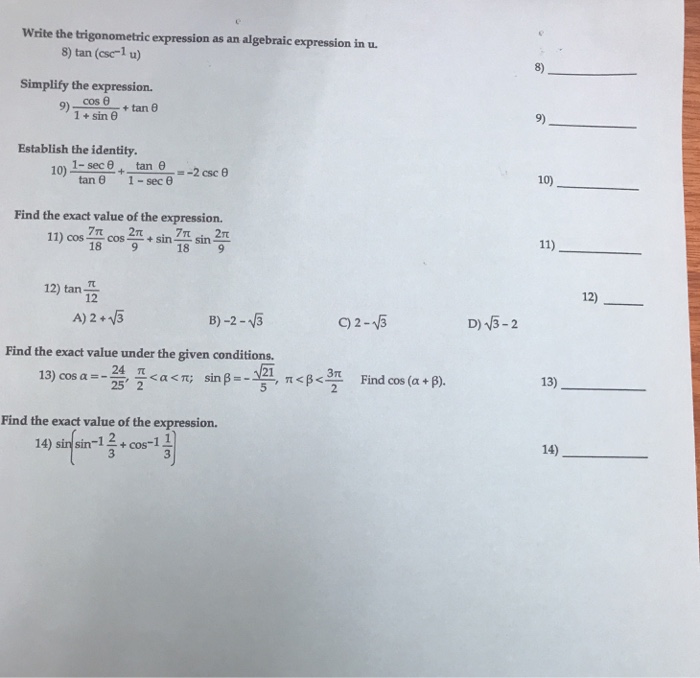 Solved Write the trigonometric expression as an algebraic | Chegg.com