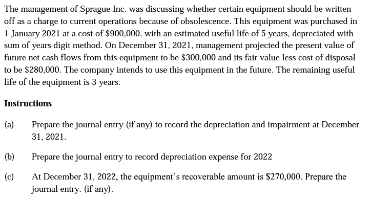 Solved The management of Sprague Inc. was discussing whether | Chegg.com