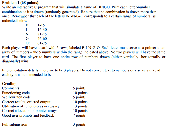 Solved Problem 1 (68 points): Write an interactive C program | Chegg.com