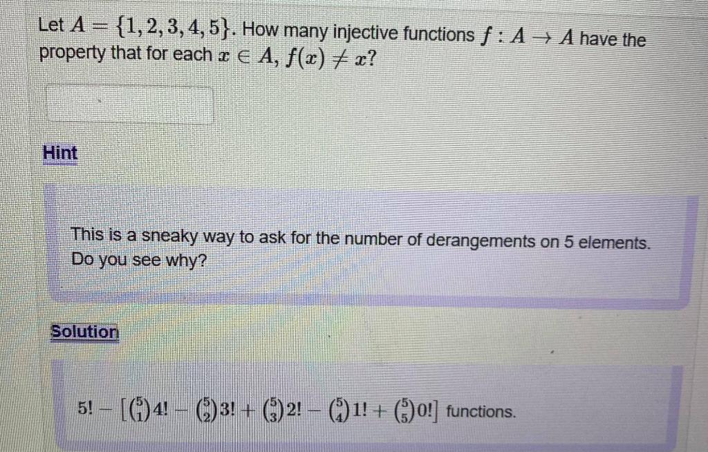 Solved Let A = {1,2,3,4,5). How many injective functions f : | Chegg.com