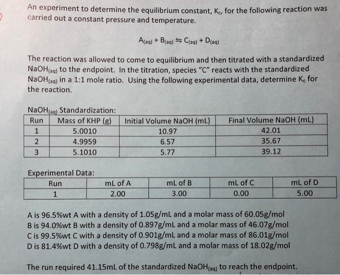 Solved An experiment to determine the equilibrium constant, | Chegg.com