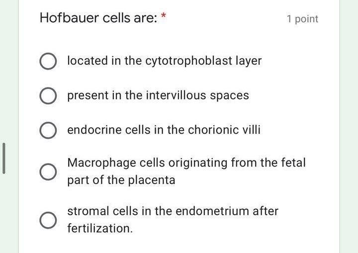 Solved Hofbauer cells are: 1 point located in the | Chegg.com