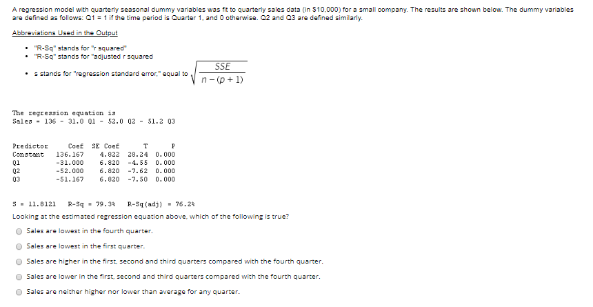 Solved A regression model with quarterly seasonal dummy | Chegg.com