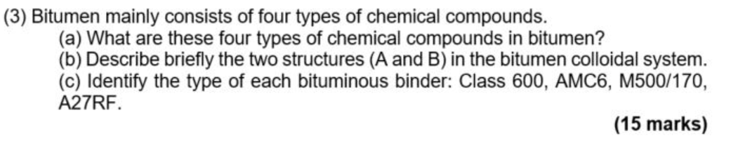 Solved (3) Bitumen mainly consists of four types of chemical | Chegg.com