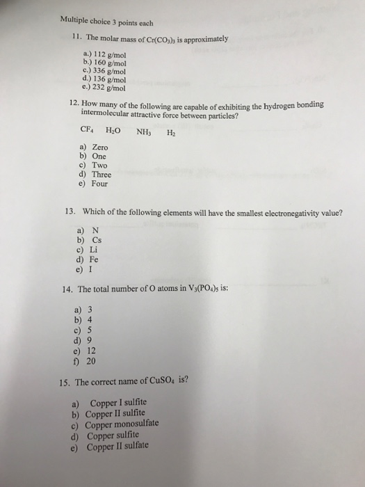 Solved Multiple choice 3 points each The molar mass of | Chegg.com