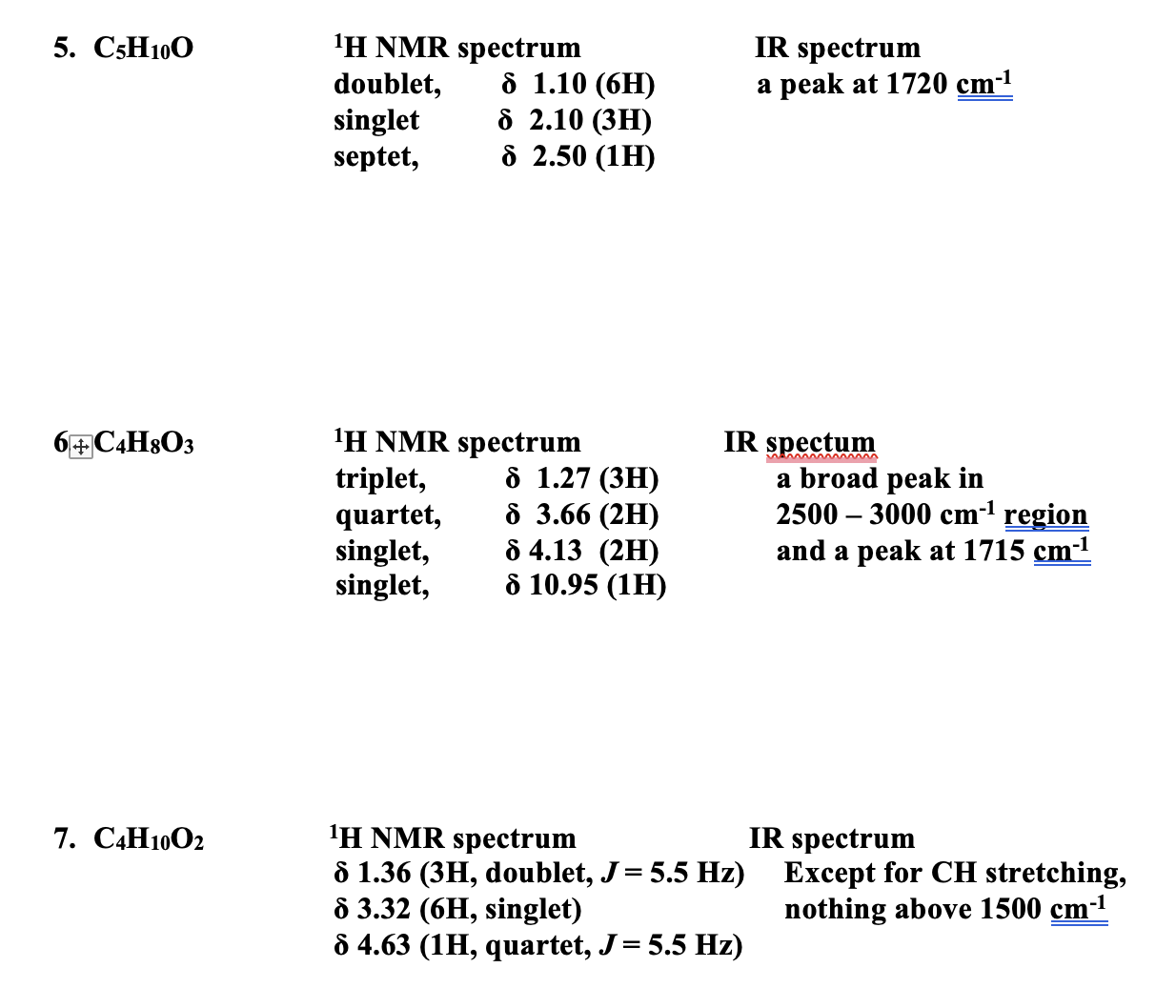 Solved C5H10O?1H ﻿NMR spectrumdoublet, ,δ1.10(6H)singlet | Chegg.com