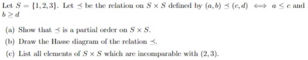 Solved Let S={1,2,3}. Let ⪯ be the relation on S×S defined | Chegg.com