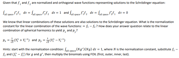 Given that f, and f, are normalized and orthogonal | Chegg.com