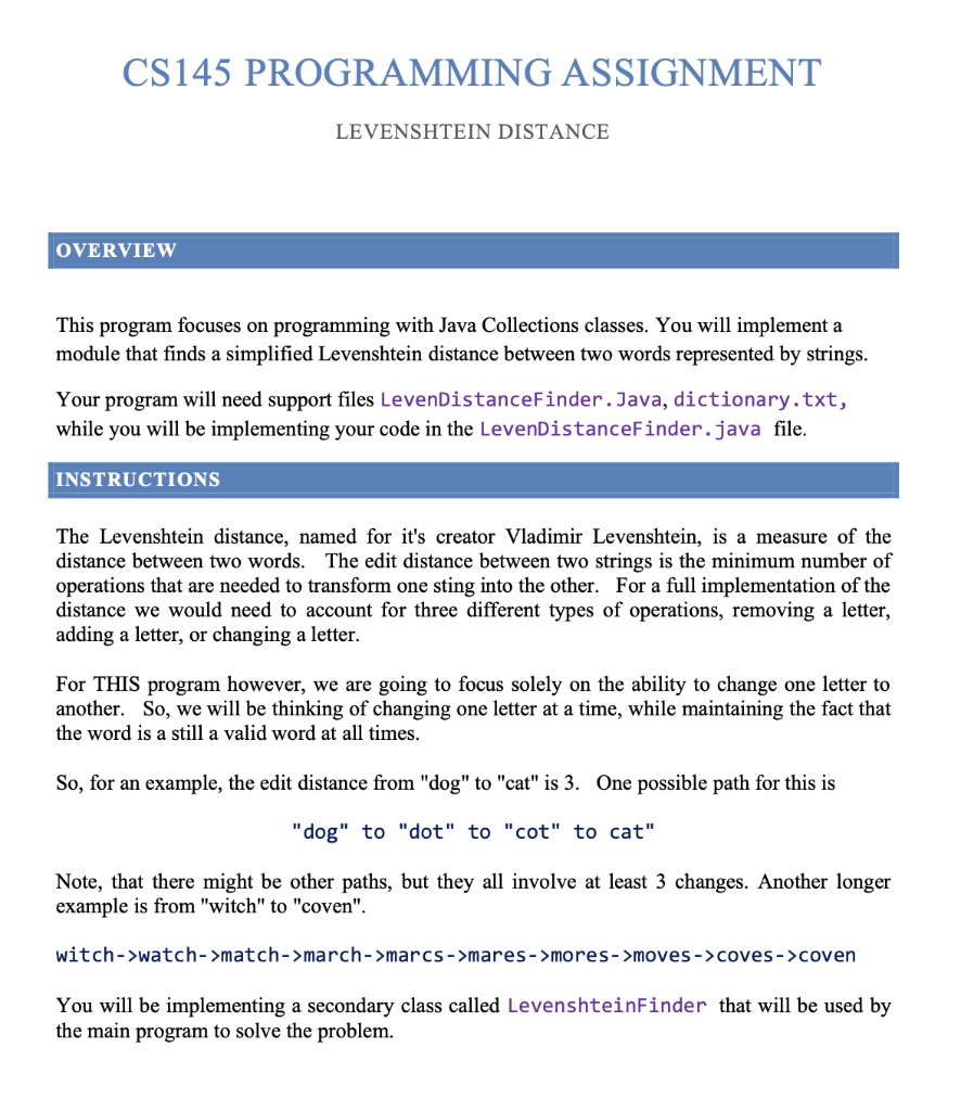 Solved CS145 PROGRAMMING ASSIGNMENT LEVENSHTEIN DISTANCE | Chegg.com
