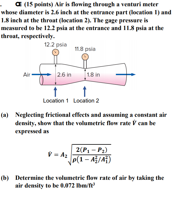 Solved & (15 points) Air is flowing through a venturi meter | Chegg.com