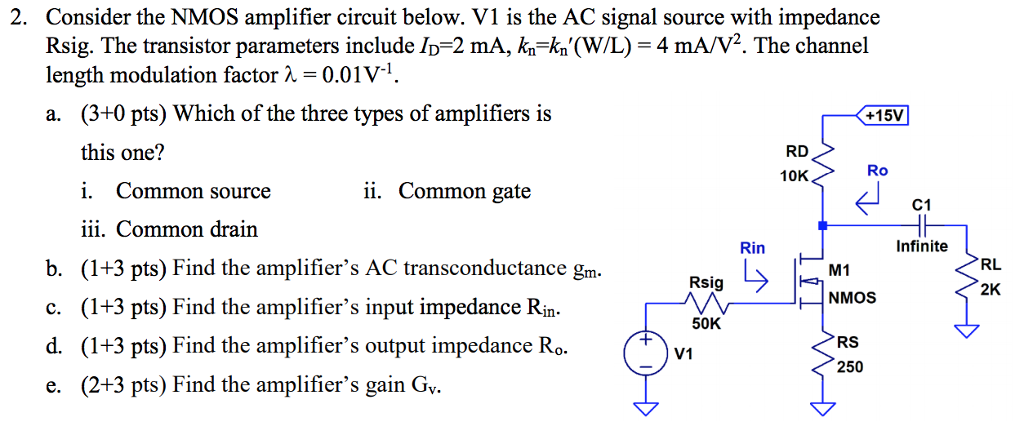Solved 2. Consider the NMOS amplifier circuit below. V1 is | Chegg.com