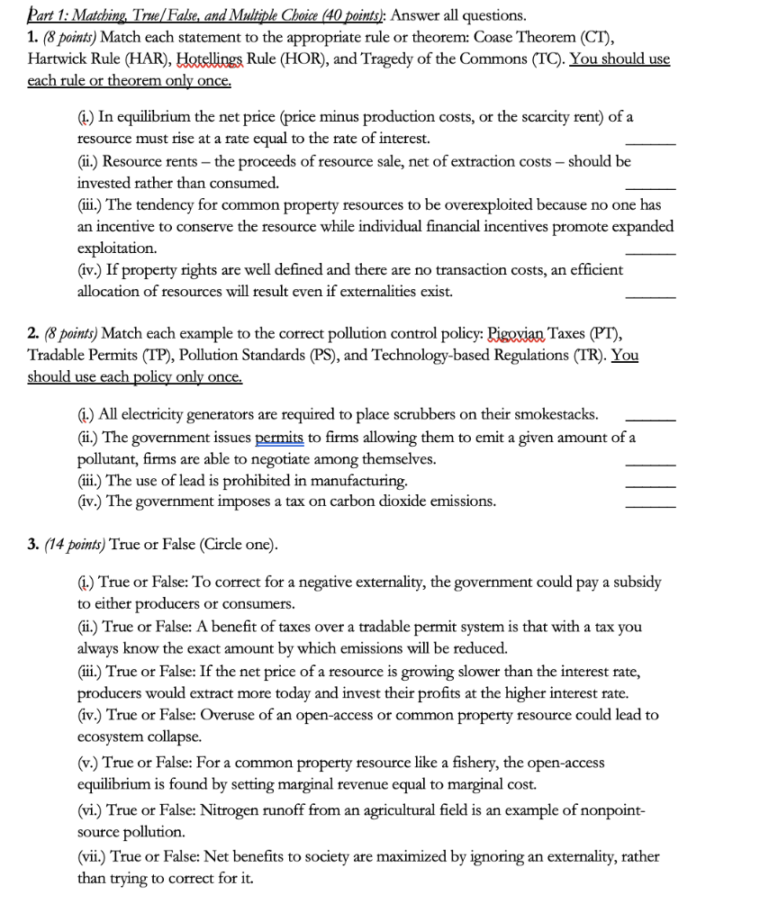 Solved Part 1: Matching, True/False, and Multiple Choice (40 | Chegg.com