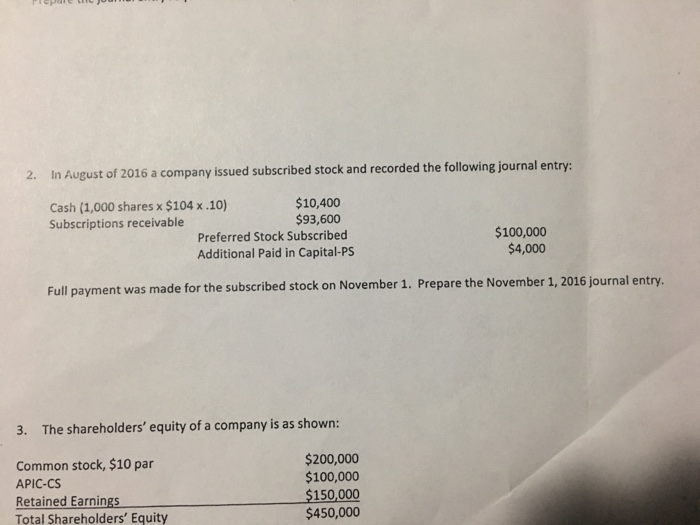 Solved 2. In August of 2016 a company issued subscribed | Chegg.com