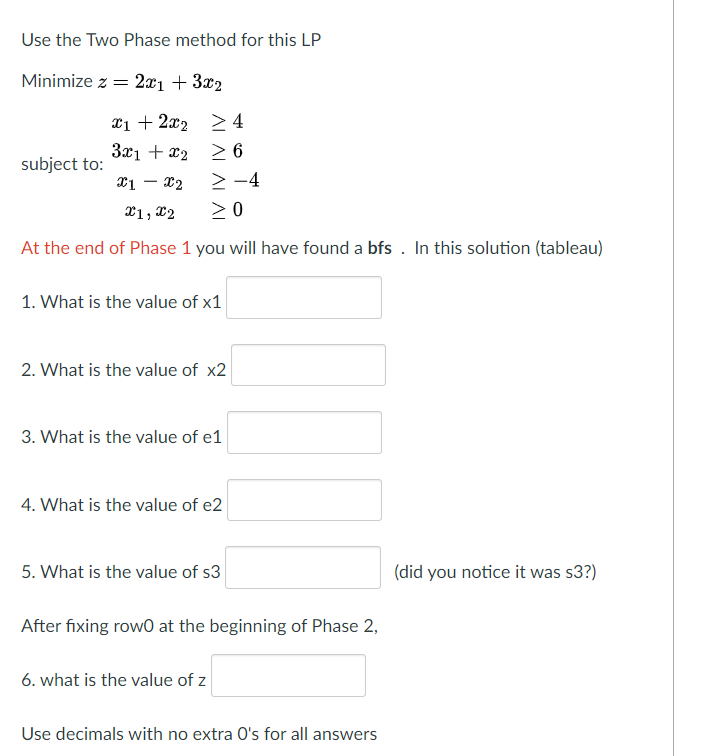 Solved Use the Two Phase method for this LP Minimize z = | Chegg.com