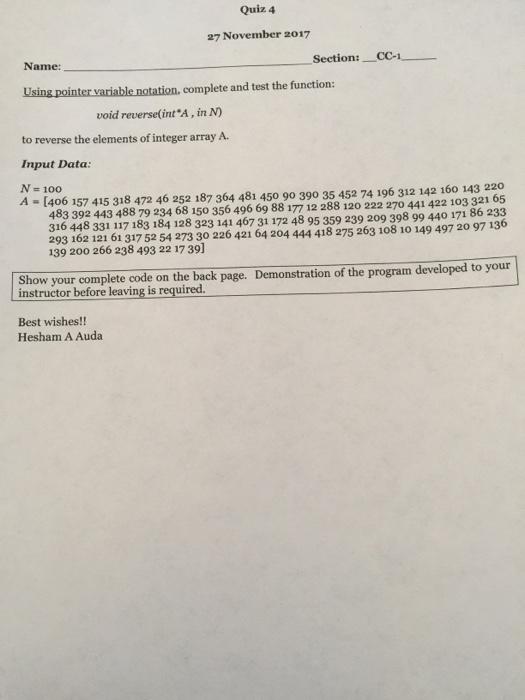 Solved Quiz 4 27 November 2017 Name Section Cc 1 Using Chegg