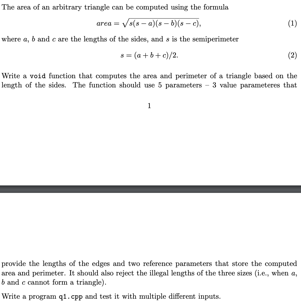 Solved The area of an arbitrary triangle can be computed | Chegg.com