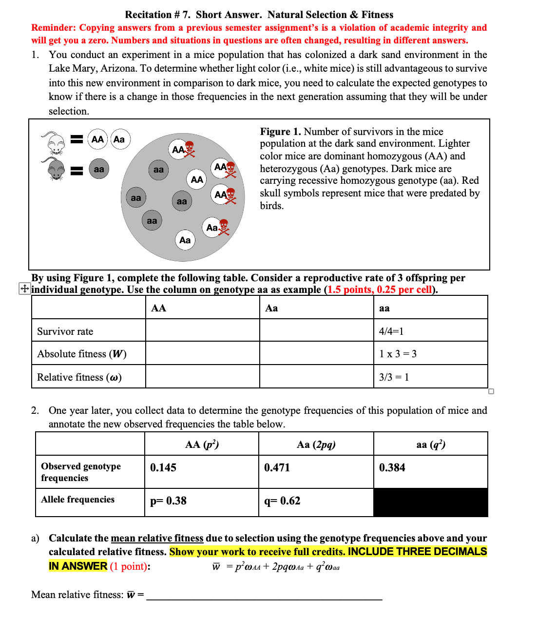 Solved Recitation \# 7. Short Answer. Natural Selection \& | Chegg.com