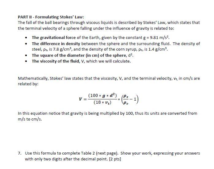 PART II - Formulating Stokes' Law: The fall of the | Chegg.com