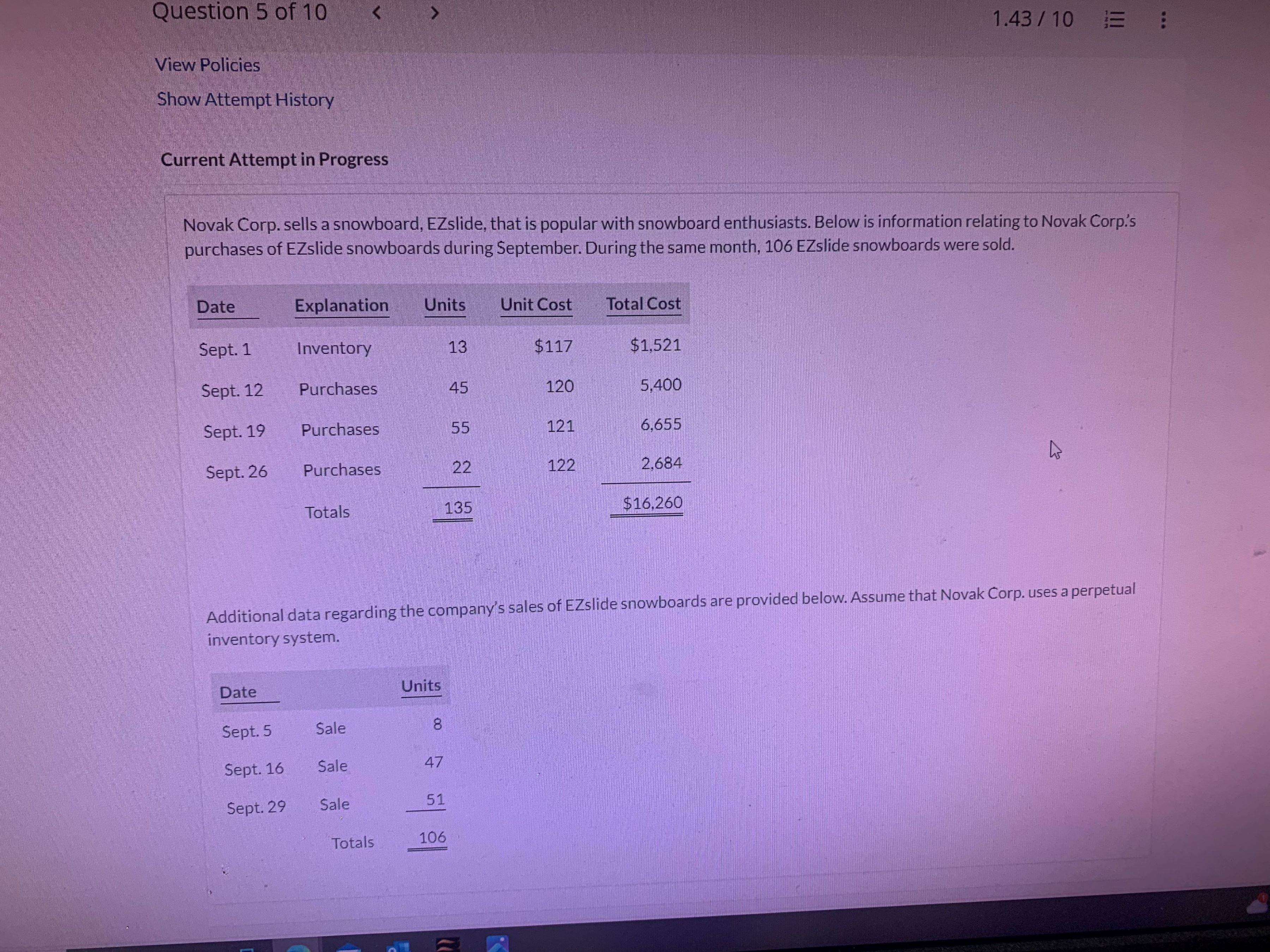 Solved Question 5 of 10 1.43/10 View Policies Show Attempt | Chegg.com