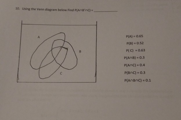 Solved 10. Using the Venn diagram below Find P(AnB'nc)- P(A) | Chegg.com