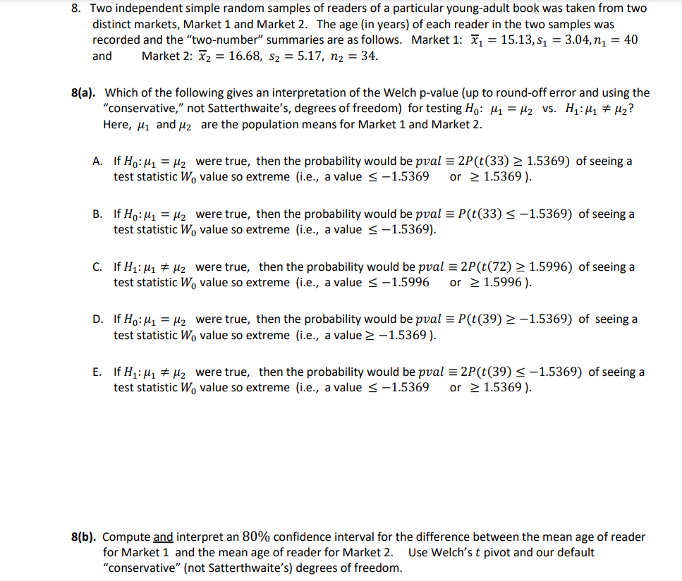 Solved 8. Two independent simple random samples of readers | Chegg.com