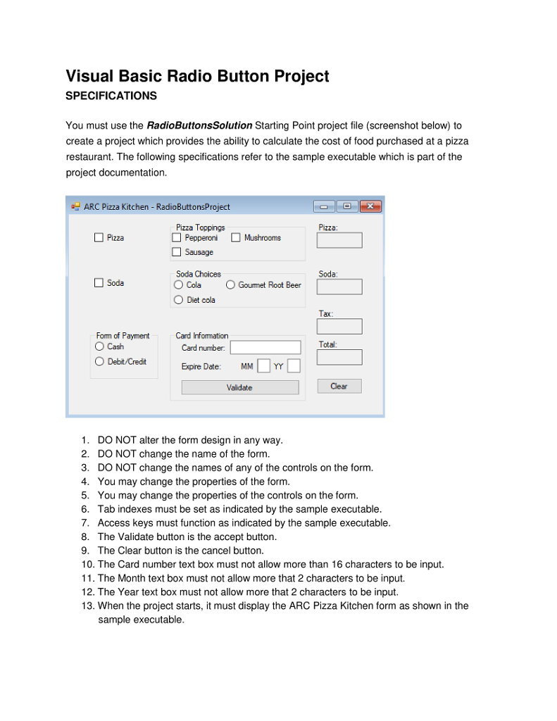 Visual Basic Radio Button Project SPECIFICATIONS You | Chegg.com