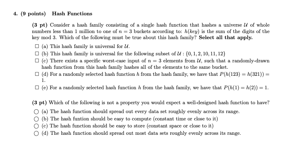 Solved 4. (9 points) Hash Functions (3 pt) Consider a hash | Chegg.com