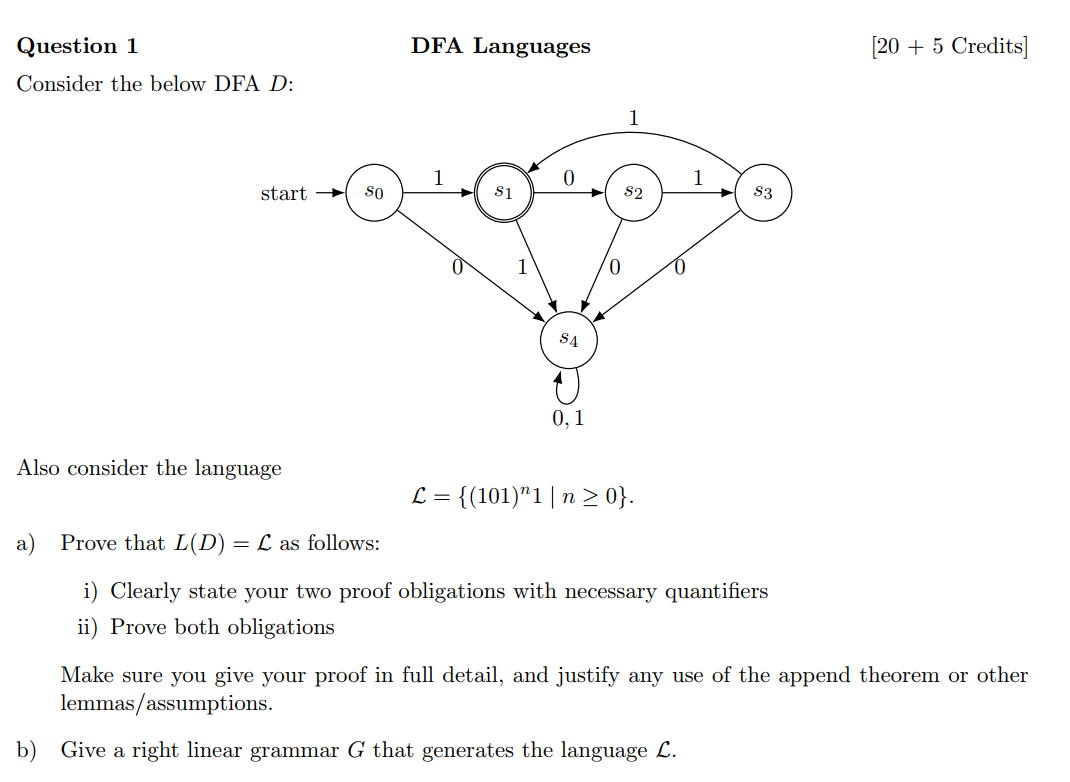 Solved Question 1 DFA Languages [20+5 Credits ] Consider the | Chegg.com