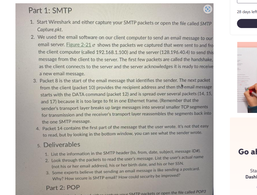 Solved Part 1: SMTP 28 days left 1. Start Wireshark and | Chegg.com