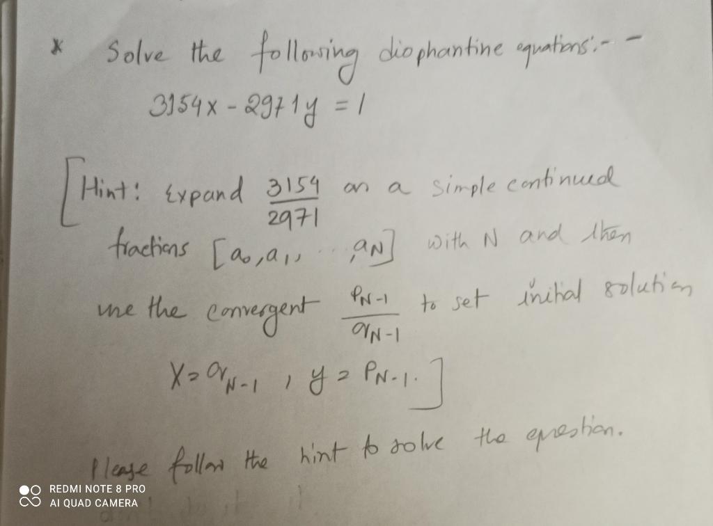 Solved Solve the following dio phantine equations. -.. 3154x | Chegg.com