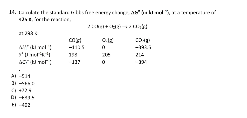Solved 14. Calculate the standard Gibbs free energy change, | Chegg.com