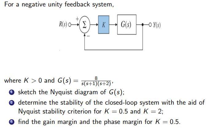 Solved For a negative unity feedback system, R(S) (Σ K G(s) | Chegg.com