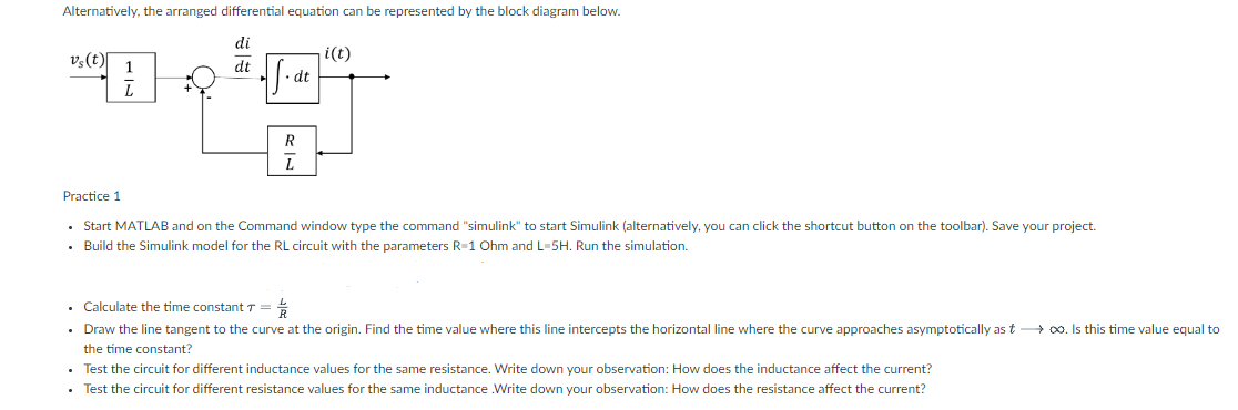 Solved - Build the Simulink model for the RL circuit with | Chegg.com
