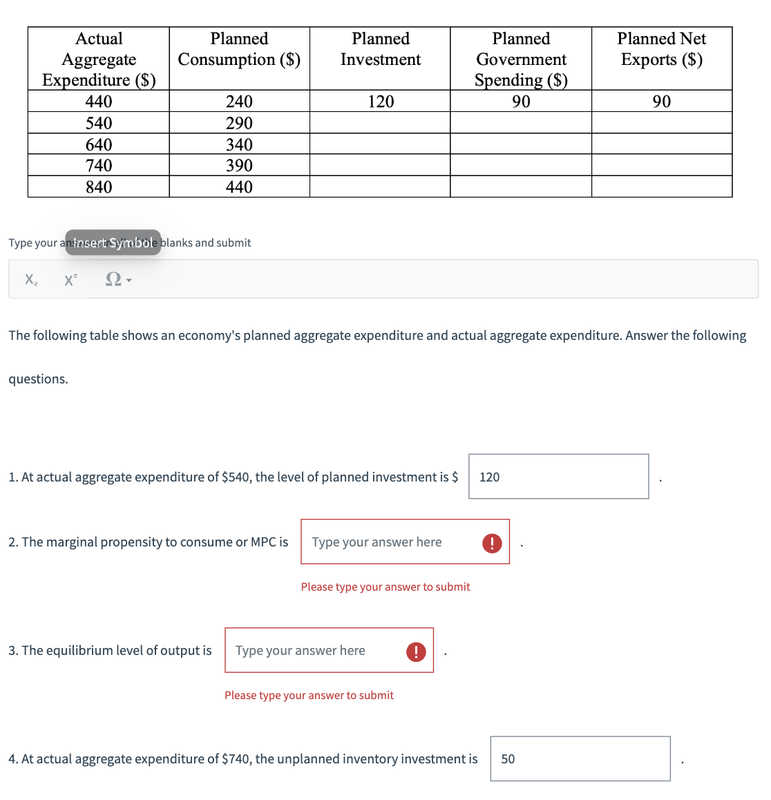 Solved The following table shows an economy's planned | Chegg.com