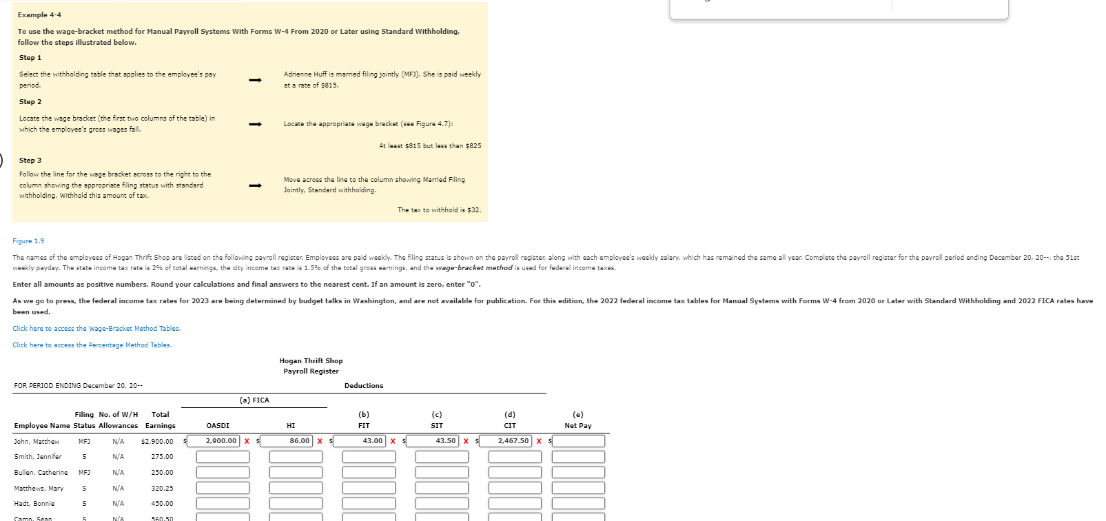 Example 4-4 To use the wage-bracket method for Manual | Chegg.com