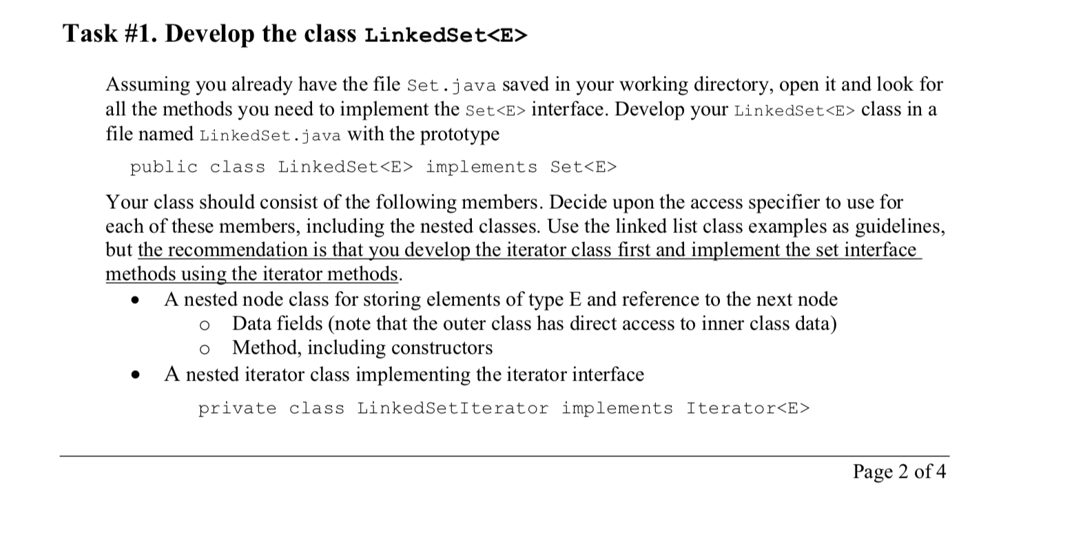 Task #1. Develop the class LinkedSet Assuming you | Chegg.com