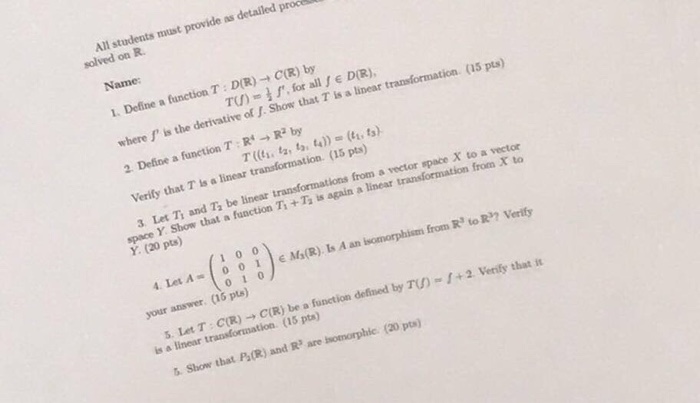 Solved Define a function T: D(R) rightarrow C(R) by T(f) = | Chegg.com