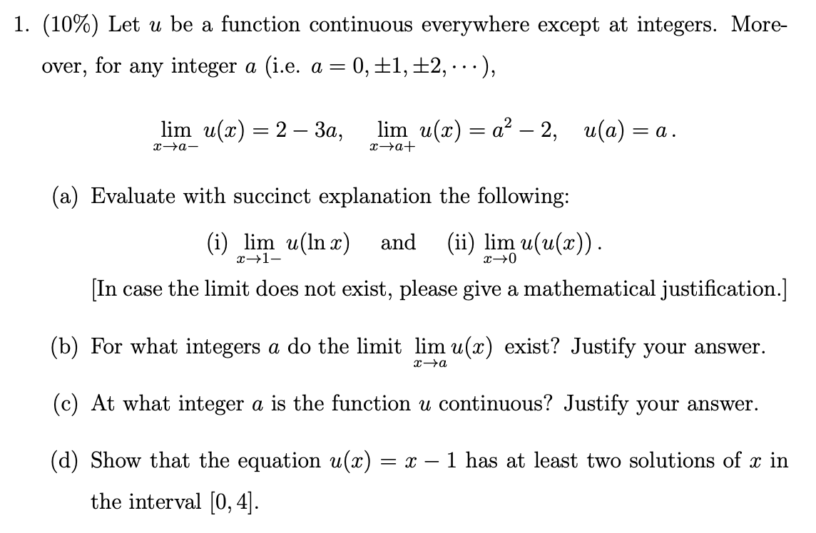 Solved 1 10 Let U Be A Function Continuous Everywhere