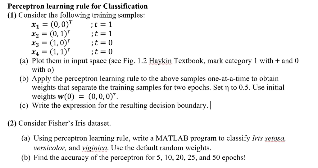 Perceptron learning rule for Classification (1) | Chegg.com